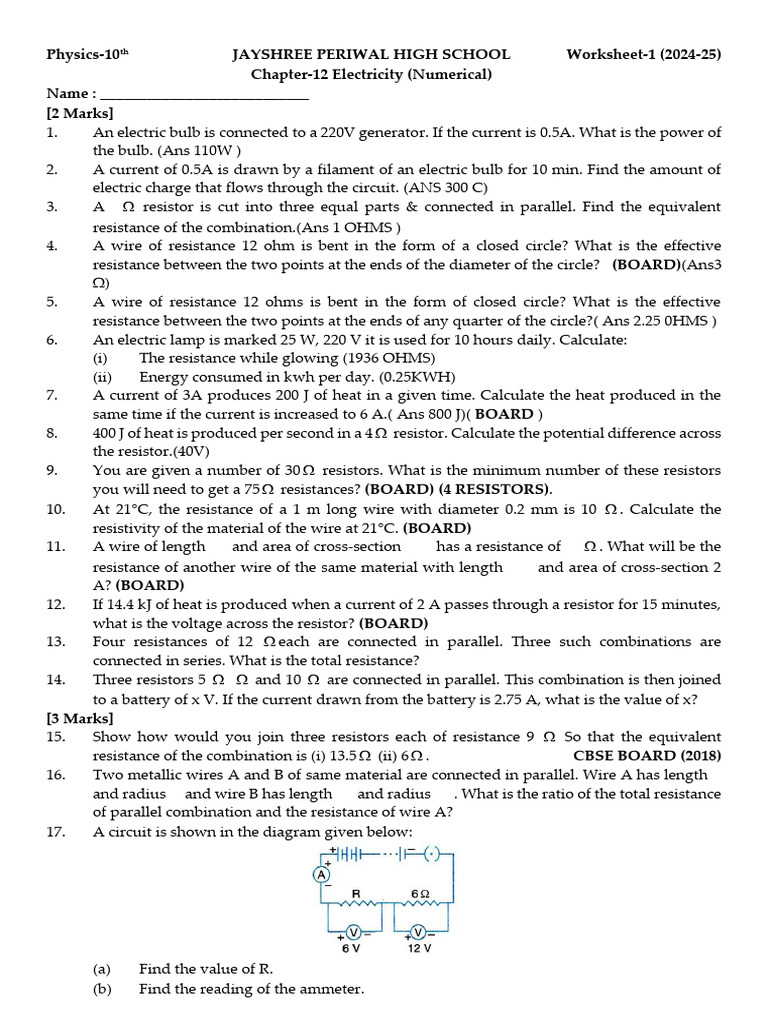 Electricity (Numericals) Worksheet | PDF | Electrical Resistance And ...
