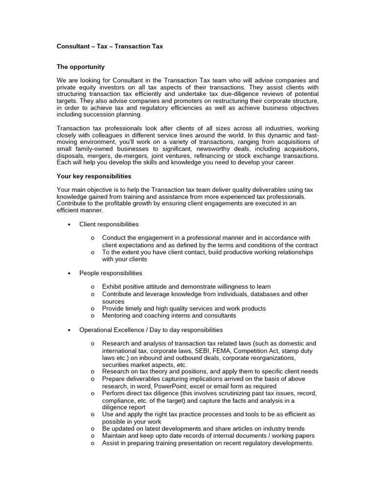 Consultant - Tax - Transaction Tax | PDF | Mergers And Acquisitions | Taxes