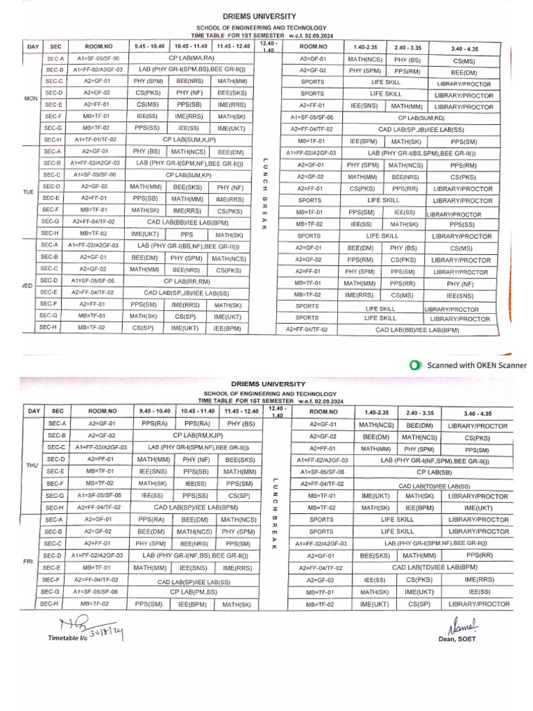 Timetable 1st Sem | PDF