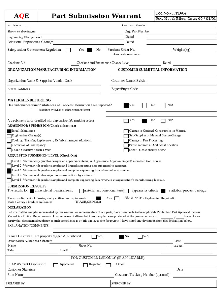 F-PD-04 Part Submission Warrent | PDF | Specification (Technical Standard)