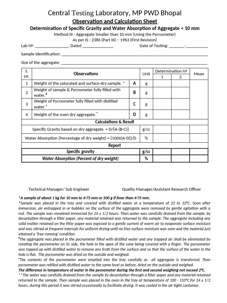 Specific Gravity and Water Absorption of Aggregate Samller Than 10 MM ...