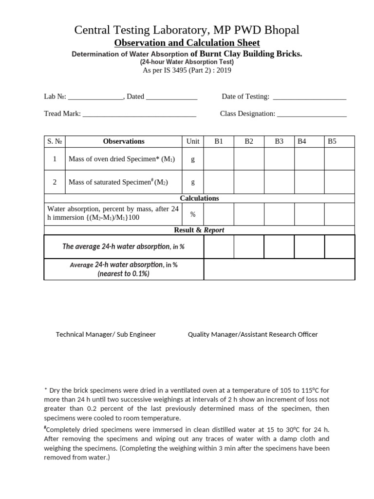 Water Absorption of Burnt Clay Building Bricks | PDF
