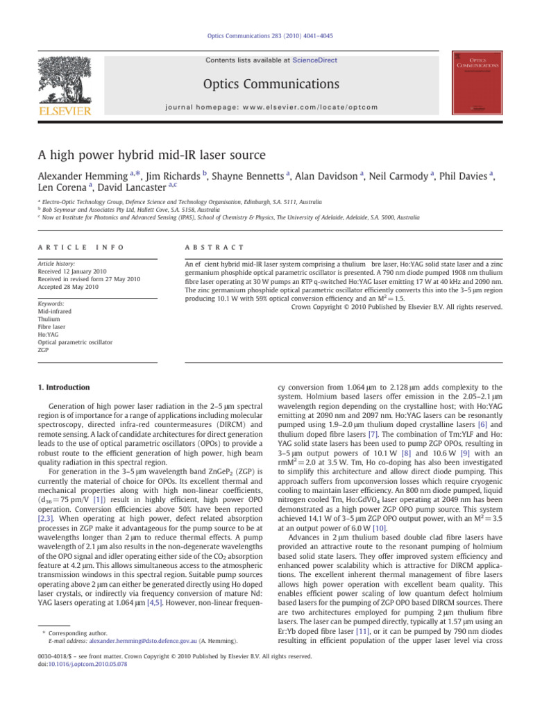 2010 - Hemming - MIR Hybrid Laser Source | PDF | Laser | Optical Devices
