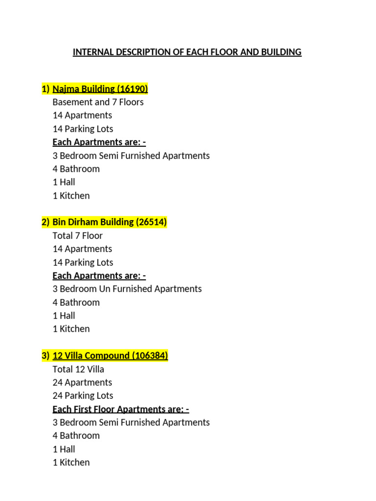 INTERNAL DESCRIPTION OF EACH FLOOR AND BUILDING | PDF