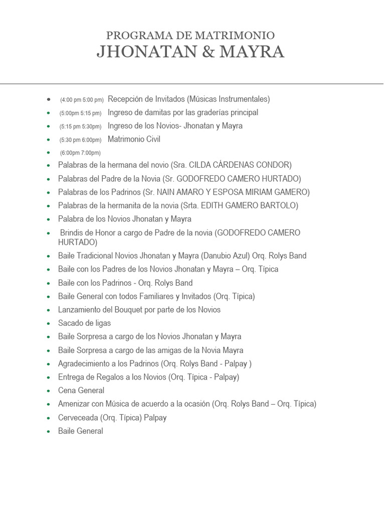 Programa de Matrimonio Jhonatan y Mayra | PDF