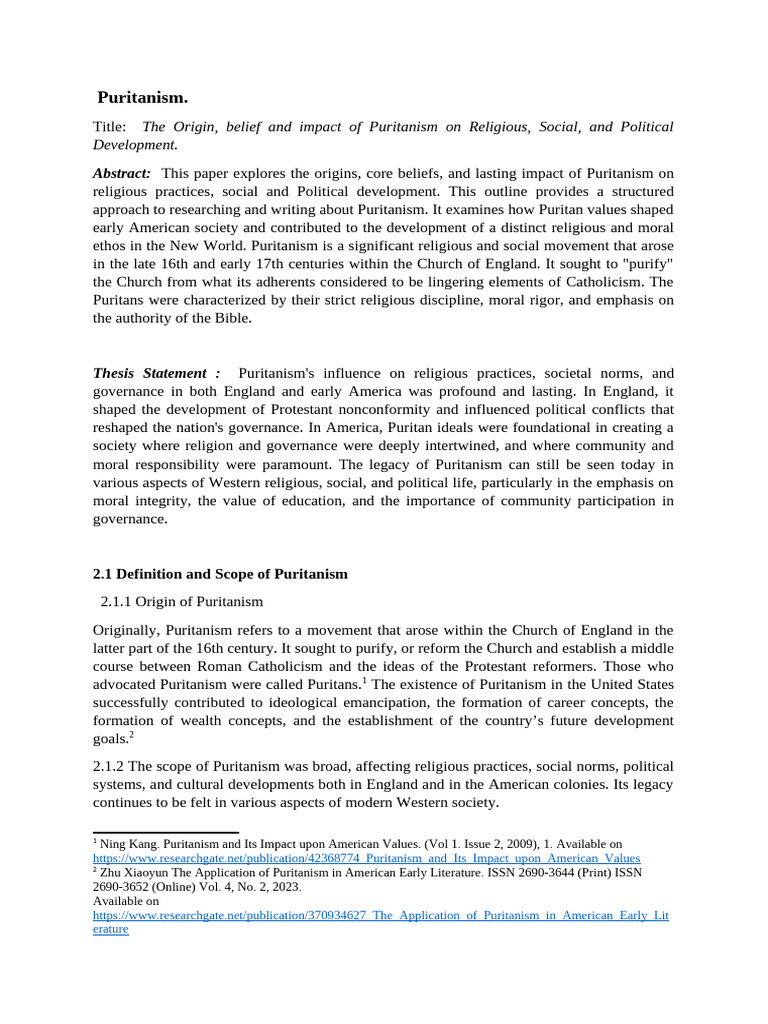 Impact of Puritanism on Society and Governance | PDF | Puritans | Calvinism