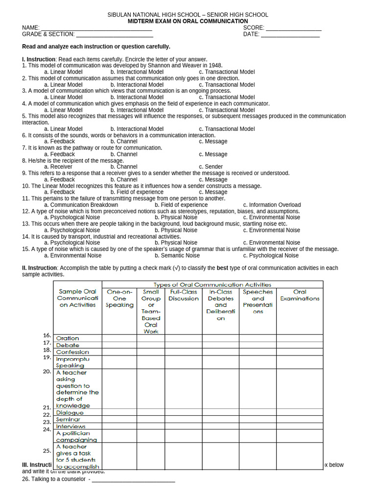 Oral Comm Summative Test 2022 2023 Q1 M1 6 2 Midterm Pdf
