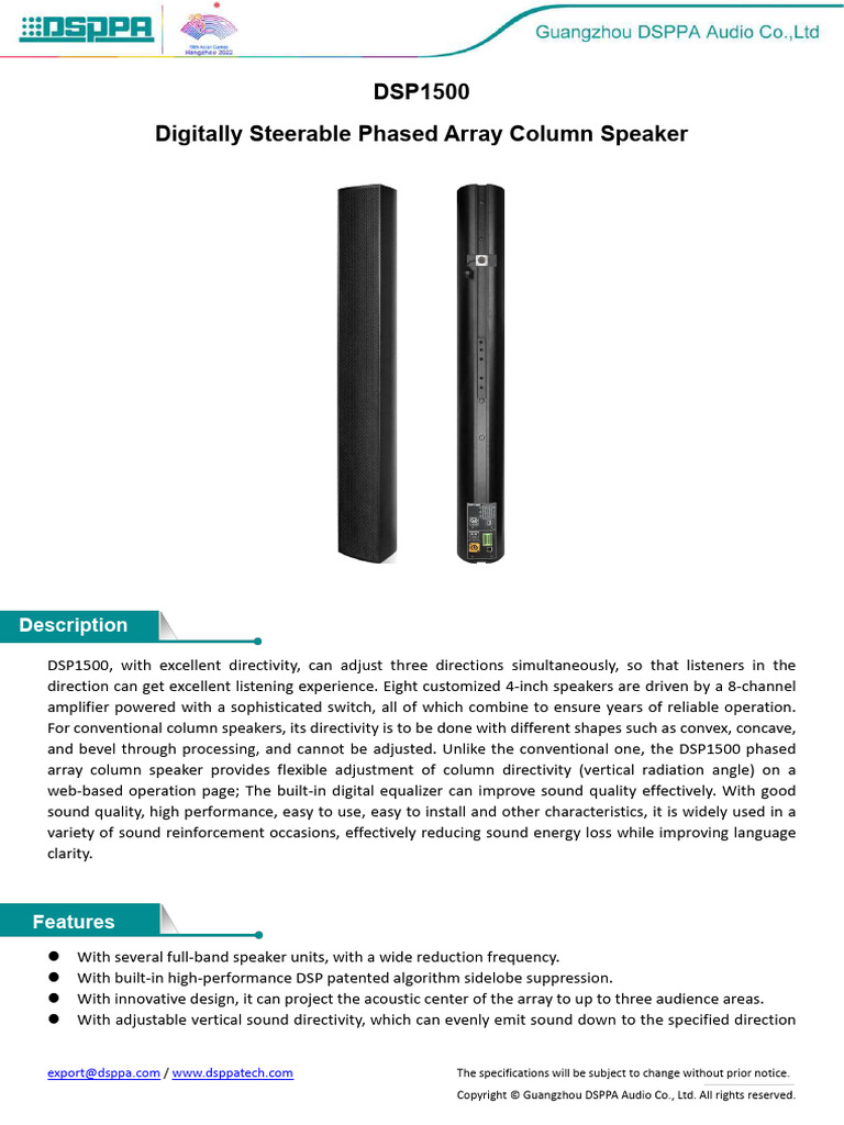 Data Sheet dsp1500 Digitally Steerable Phased Array Column Speaker | PDF | Loudspeaker ...