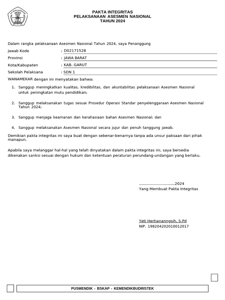 Pakta Integritas Asesmen Nasional - Tahun 2024 | PDF