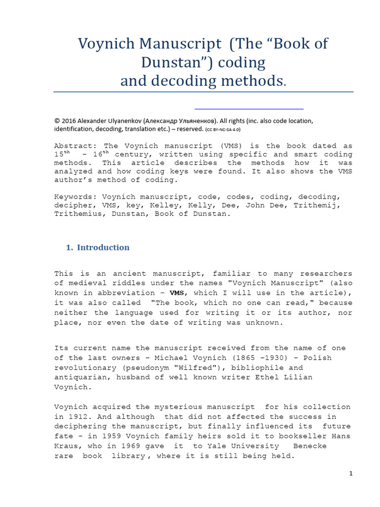 Voynich Manuscript (The "Book of Dunstan") Coding and Decoding Methods | PDF