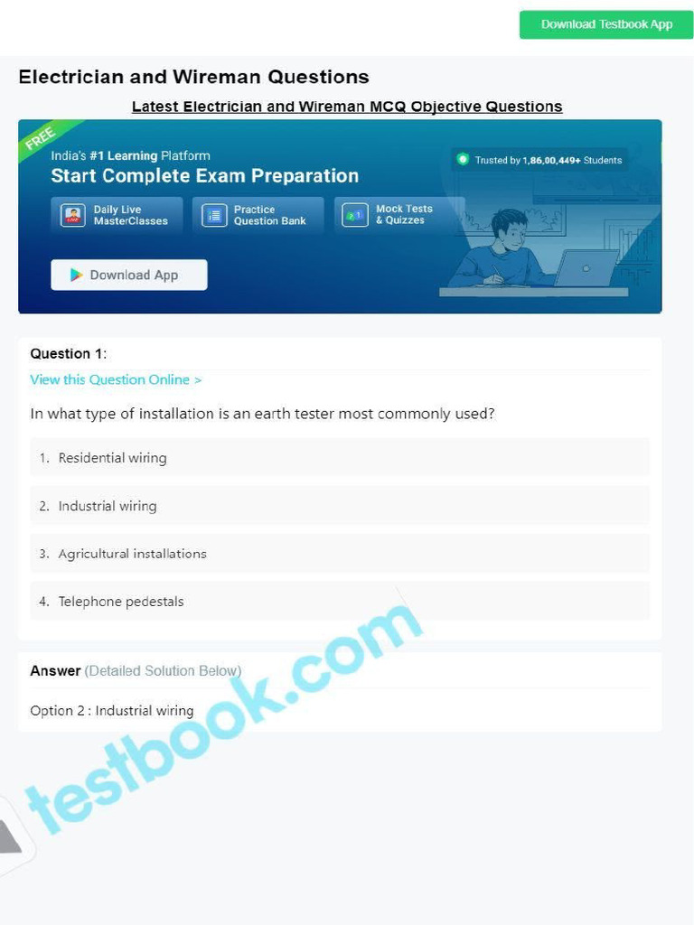 Mcq-On-Electrician-And-Wireman - 5eea6a0939140f30f369da03 | PDF
