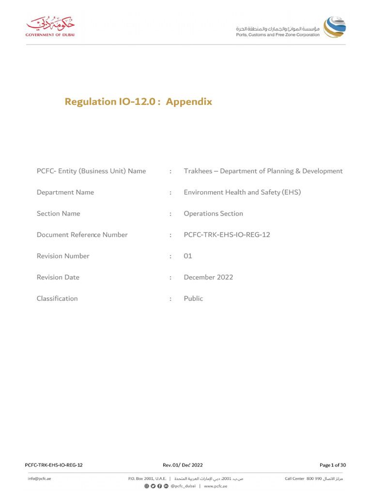 PCFC-TRK-EHS-IO-REG-12.0, APPENDIX, Rev. 01, Dec22 | PDF
