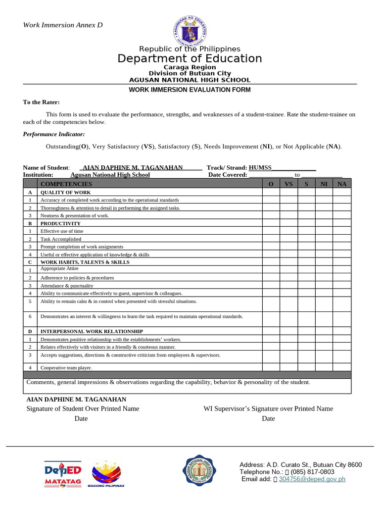 Work Immersion Evaluation Form | PDF | Applied Psychology | Cognition
