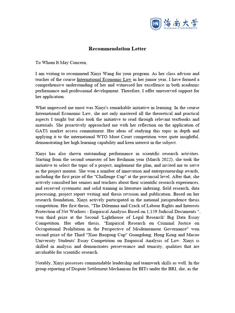 Recommendation Letter-Lina Zhang | PDF | Thesis
