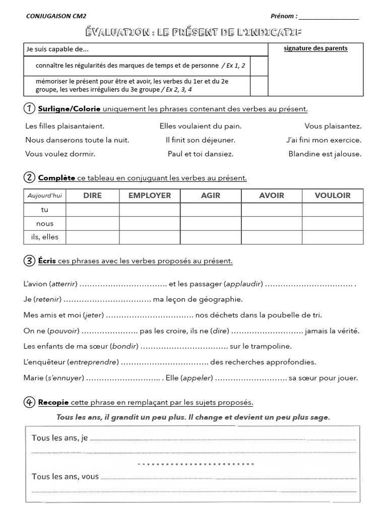 Évaluation du Présent CM1-CM2 | PDF