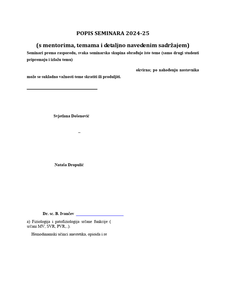TEME SEMINARA - Anesteziologija Medicina - 2024-25 - Nastavnici I Studenti - Ver 27-09-2024 | PDF