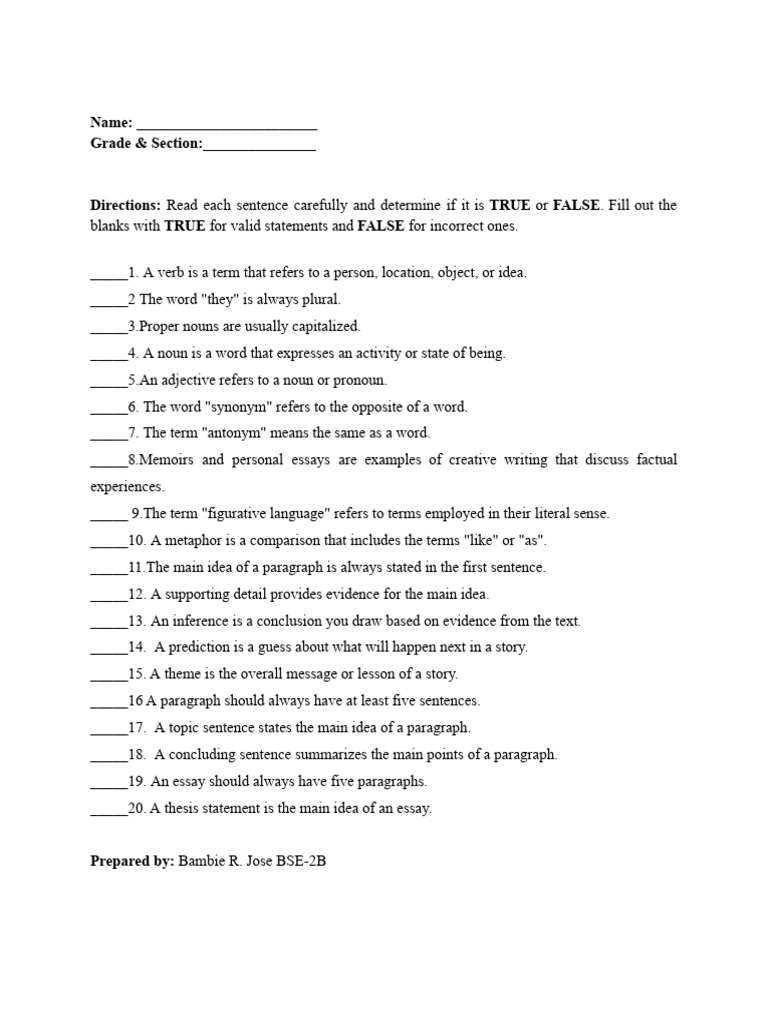 True or False English Grammar Test | PDF
