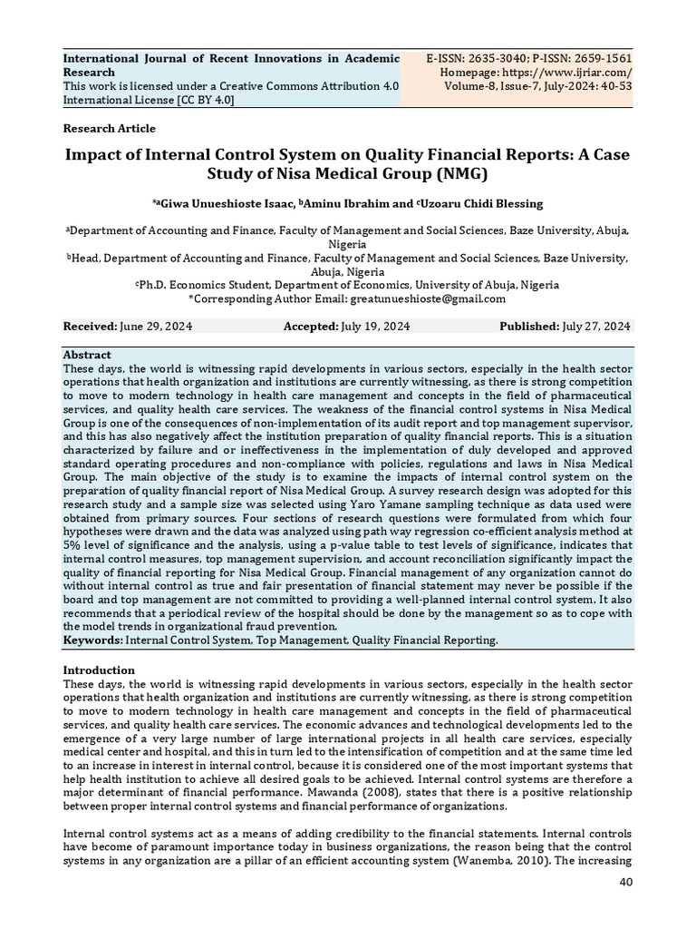Impact of Internal Control System On Quality Financial Reports: A Case ...