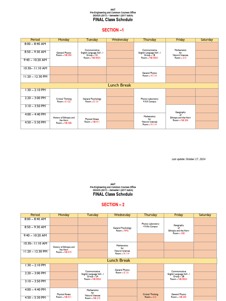 AAiT 2017 Batch Class Schedule | PDF | Academic Term | Inquiry