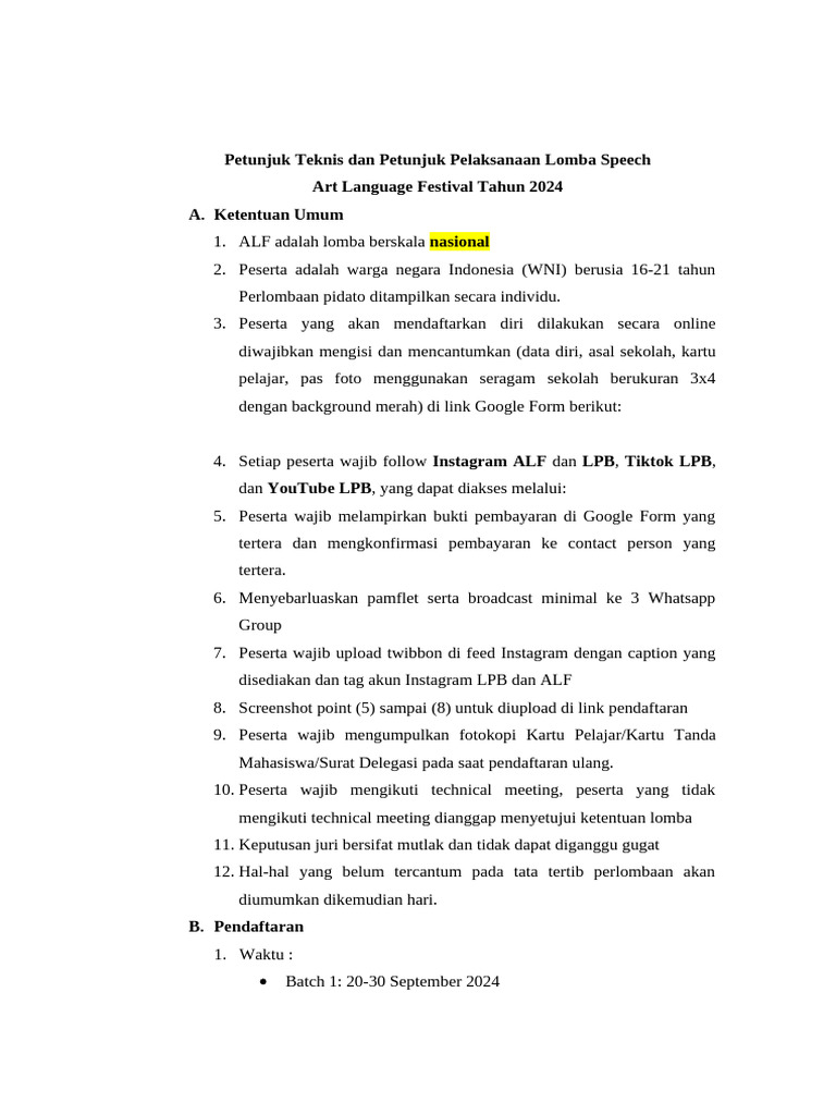 Juknis Perlombaan Speech ALF 2024 | PDF