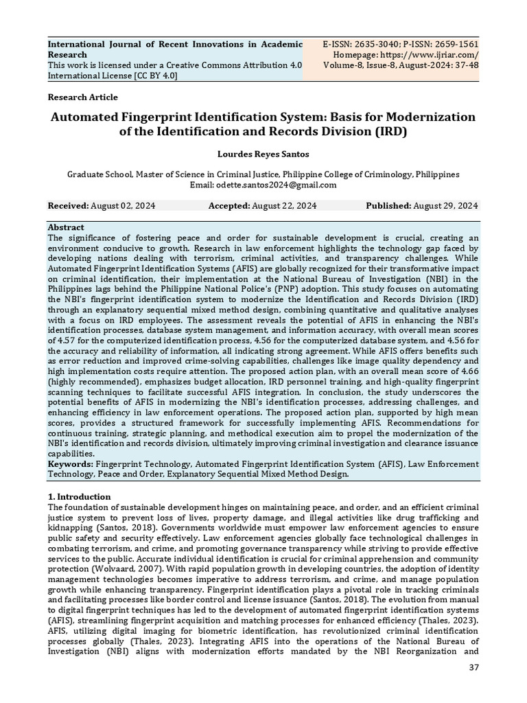 Automated Fingerprint Identification System: Basis For Modernization of The Identification and ...