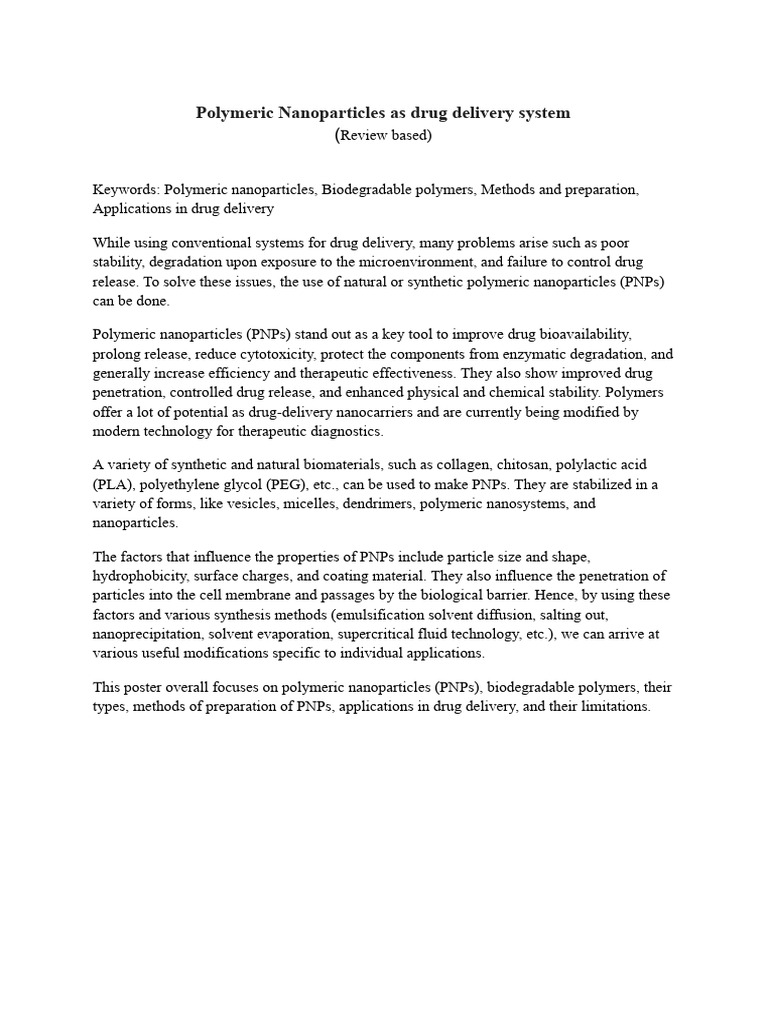 Polymeric Nanoparticles As Drug Delivery Systems | PDF