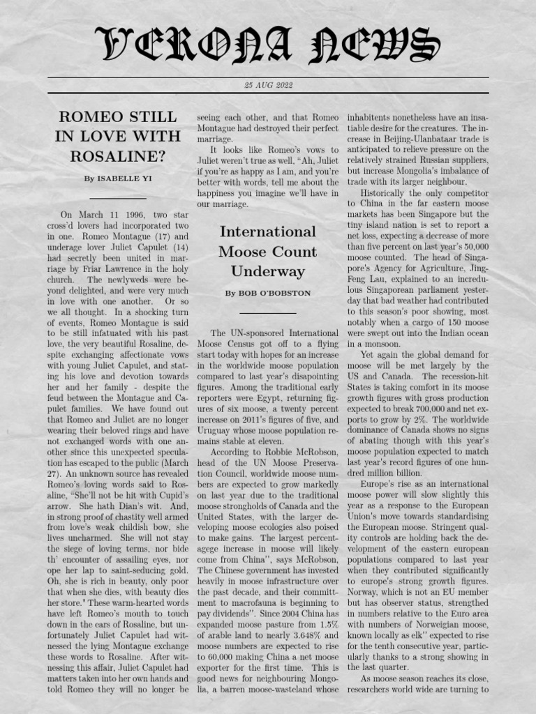 Romeo and Juliet Newspaper Article | PDF | Characters In Romeo And ...