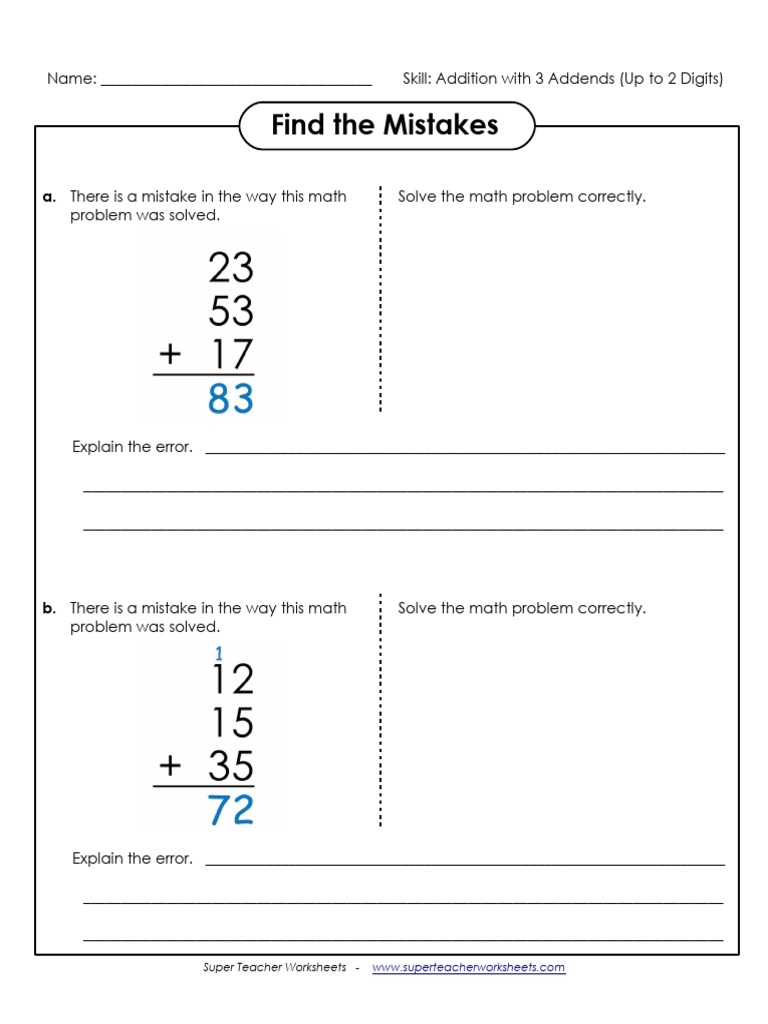 2-digit-multiple-addends-find-the-mistakes_2DIG2 | PDF
