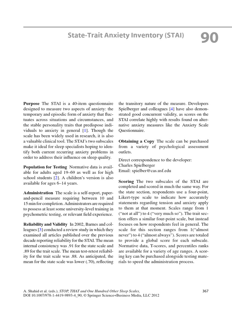 State-Trait Anxiety Inventory (STAI) : Obtaining A Copy The Scale Can ...