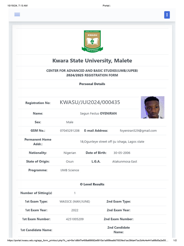 KWASU IJMB 2024/2025 Registration Form | PDF | Qualifications | Student Assessment And Evaluation