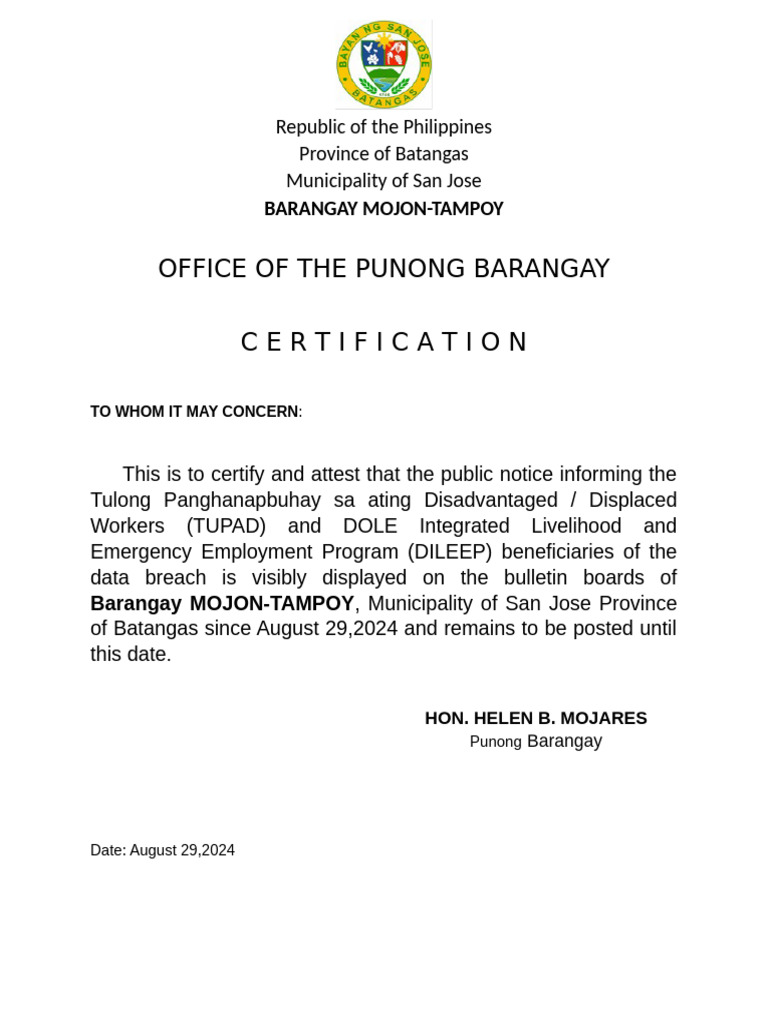 DOLE-Cert TUPAD | PDF