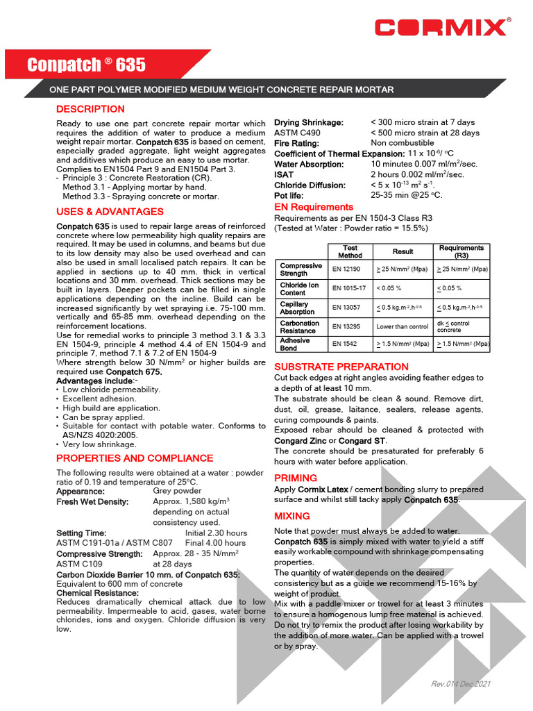 TDS-EN-Conpatch 635 - Rev 014-Dec21 | PDF | Concrete | Water