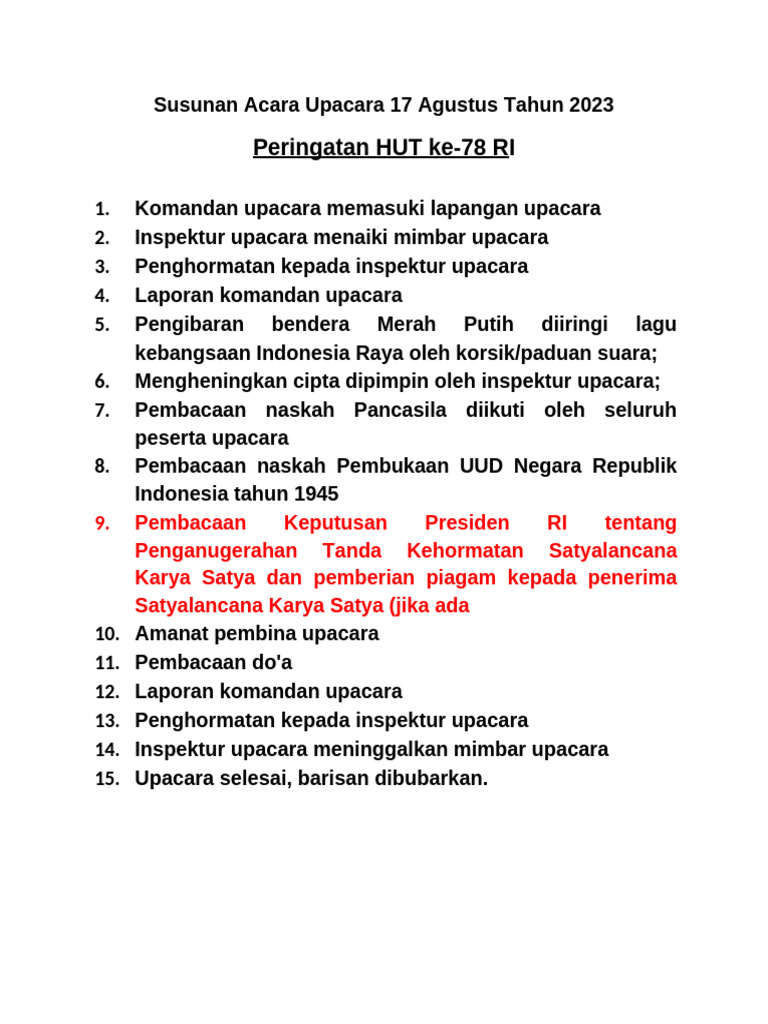 Contoh Susunan Acara Upacara 17 Agustus Tahun 2023 | PDF