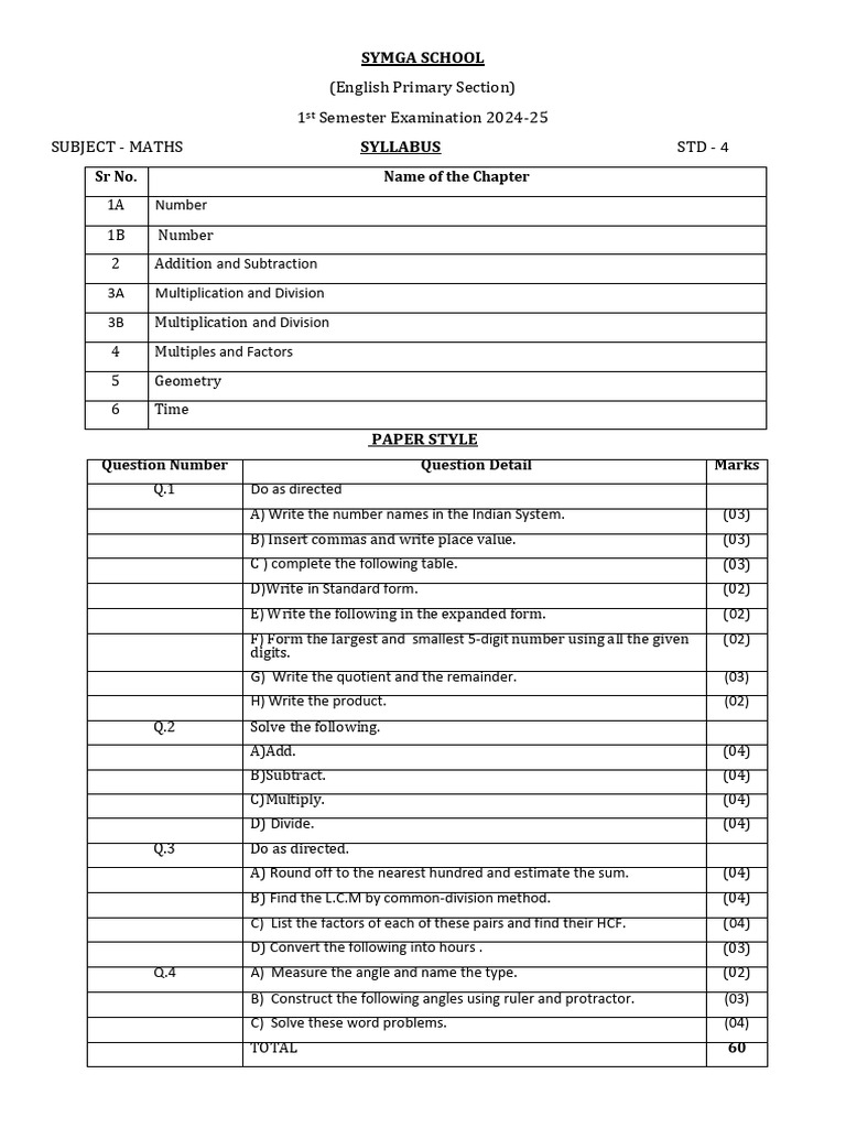STD 4th Paper Style and Syllabus | PDF