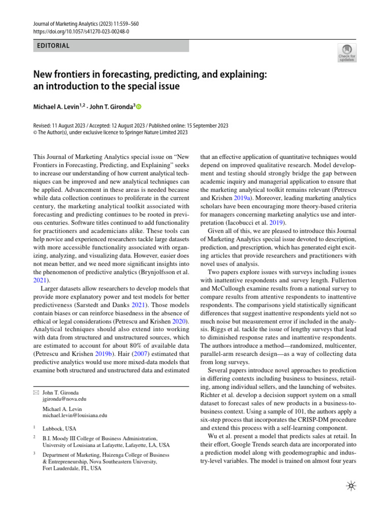New frontiers in forecasting, predicting, and explaining | PDF | Analytics | Marketing