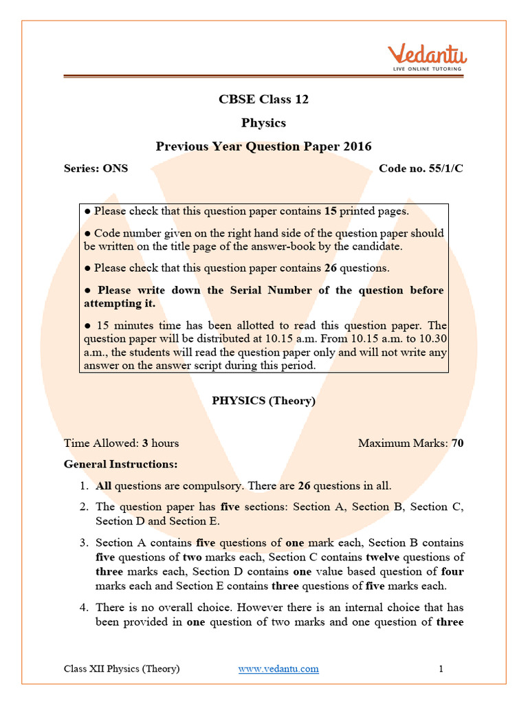 Previous Year Physics Question Paper For CBSE Class 12 - 2016 Set 1 C ...