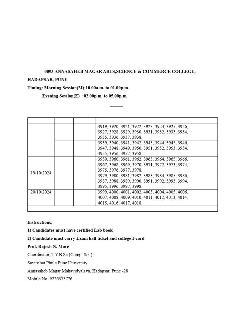 AMM-TY - BSc. (Computer Science) Practical Exam Time Table | PDF ...