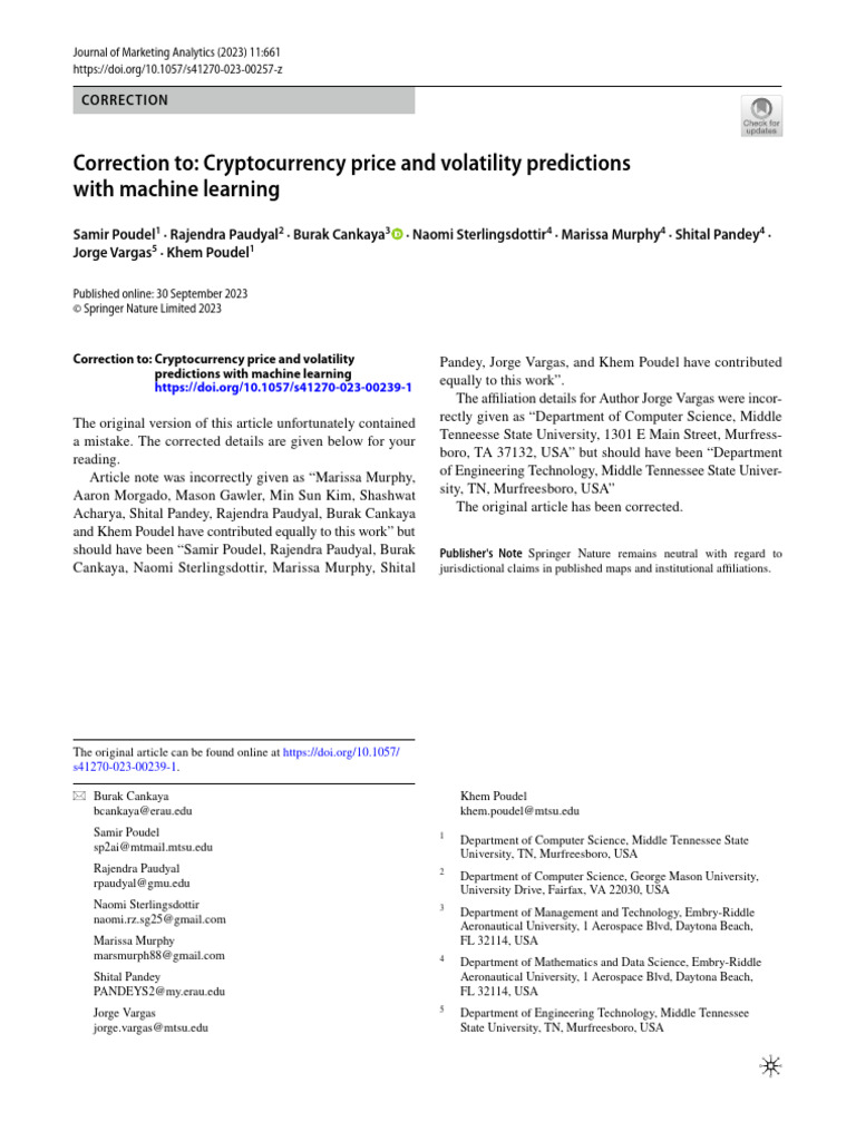 Correction To: Cryptocurrency Price and Volatility Predictions With Machine Learning | PDF ...