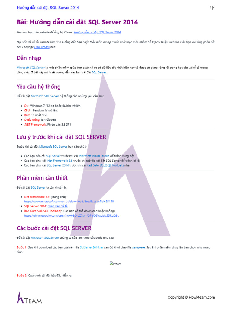 HOWKTEAM.VN - Hướng dẫn cài đặt SQL Server 2014 | PDF