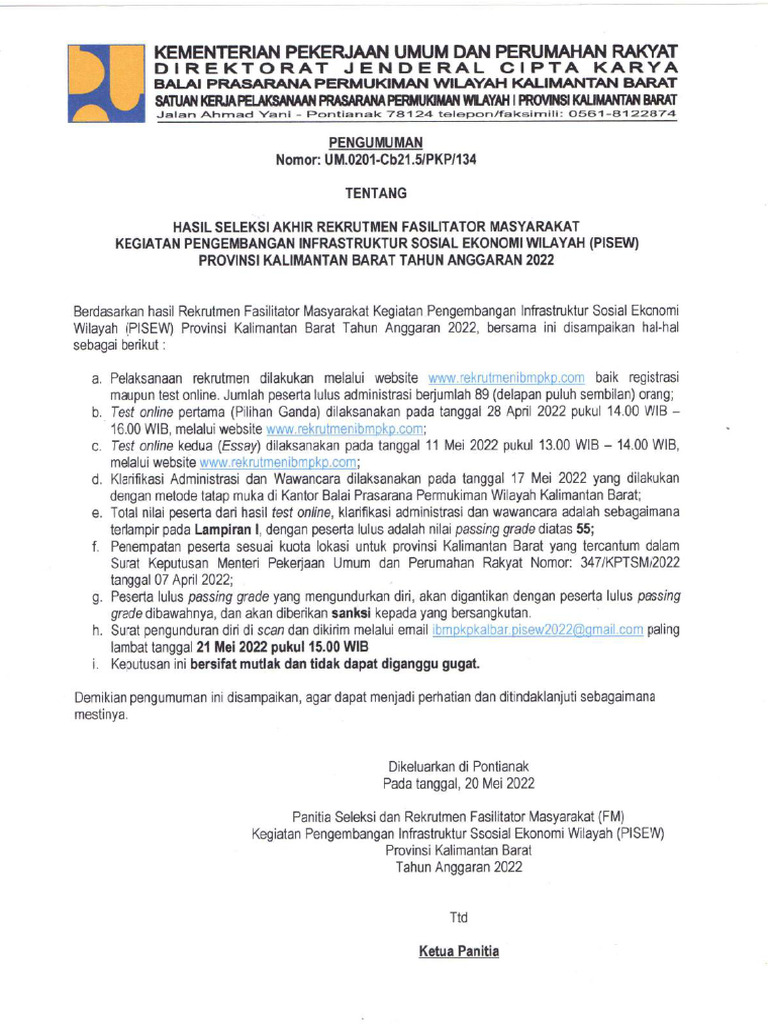 134-Pengumuman Hasil Seleksi Akhir FM PISEW | PDF