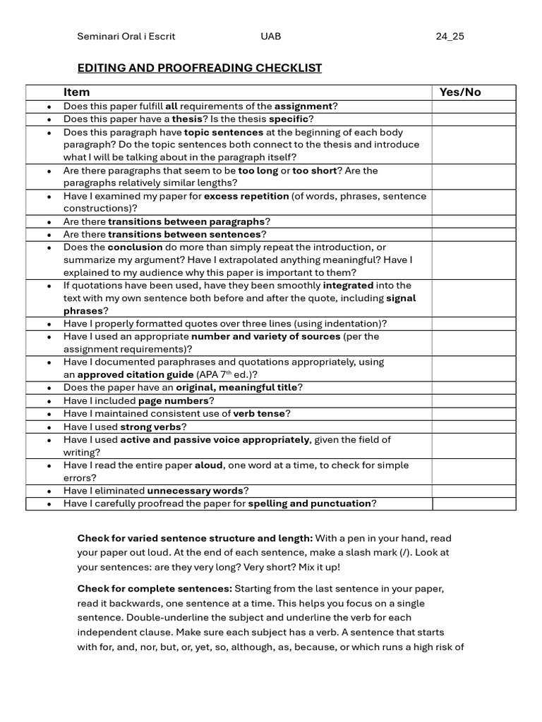 Editing and Proofreading Checklist | PDF | Pronoun | Linguistics
