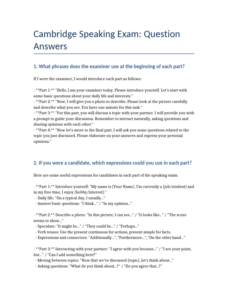 Cambridge Speaking Exam Answers | PDF | Question | Human Communication