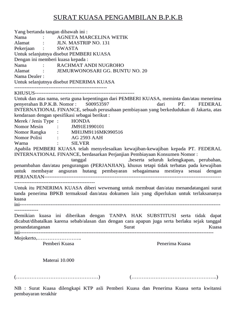 Surat Kuasa Pengambilan BPKB | PDF | Teknologi & Rekayasa