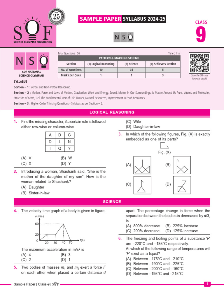 Nso Sample Paper Class-9 240704 144733 | PDF | Force | Irrigation