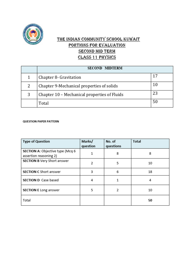 CLASS 11 PHY 2nd MID TERM Portion & QP Pattern | PDF