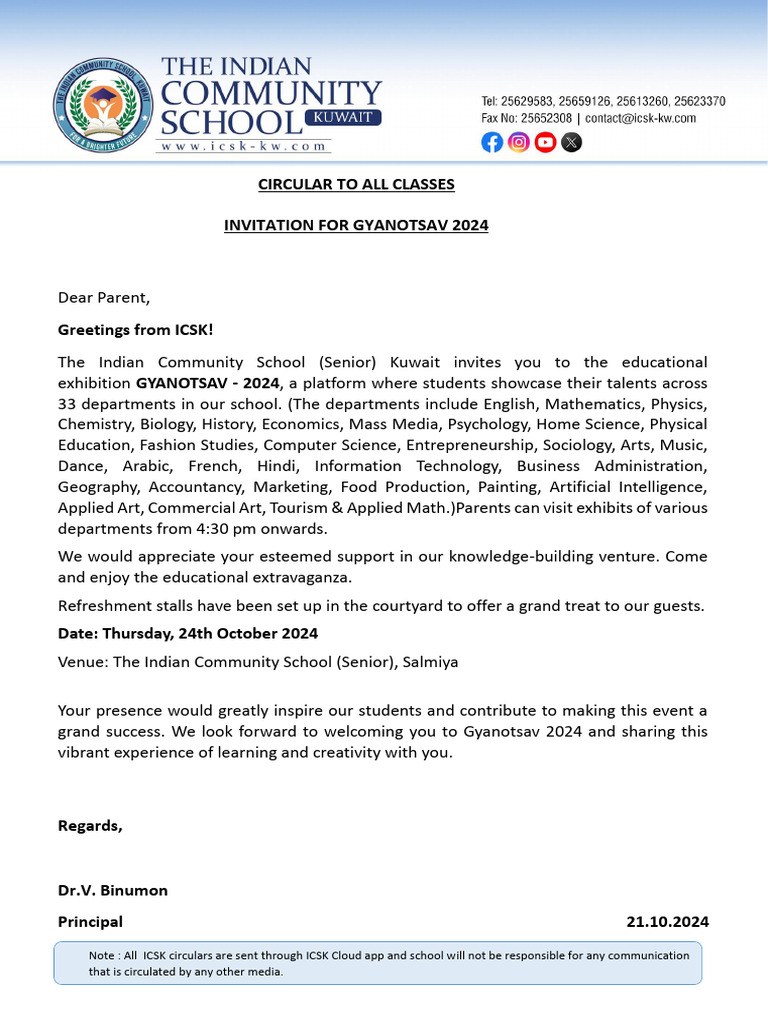Circular To All Classes Invitation For Gyanotsav 2024 | PDF