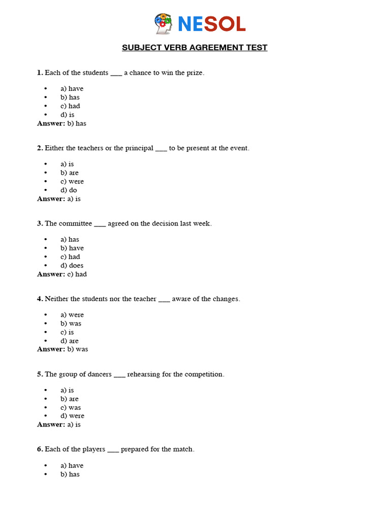 Subject Verb Agreement - Practice Exercise | PDF | Games & Activities