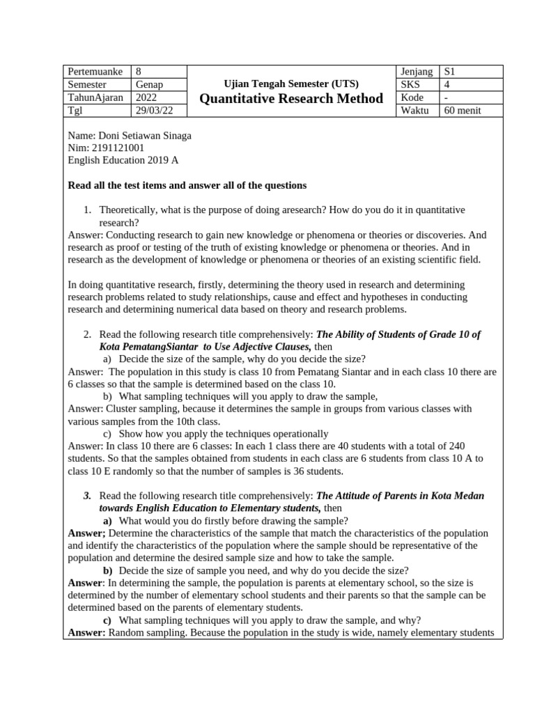 2191121001-DoniSetiawanSinaga-UTS - Quantitative Research Method | PDF | Sampling (Statistics ...