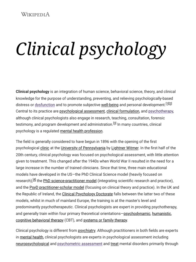 Clinical Psychology - Wikipedia | PDF | Clinical Psychology | Psychotherapy