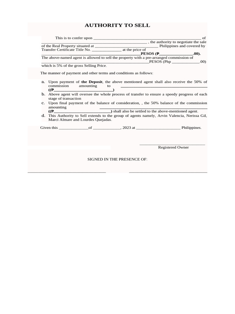 Authority To Sell Draft | PDF